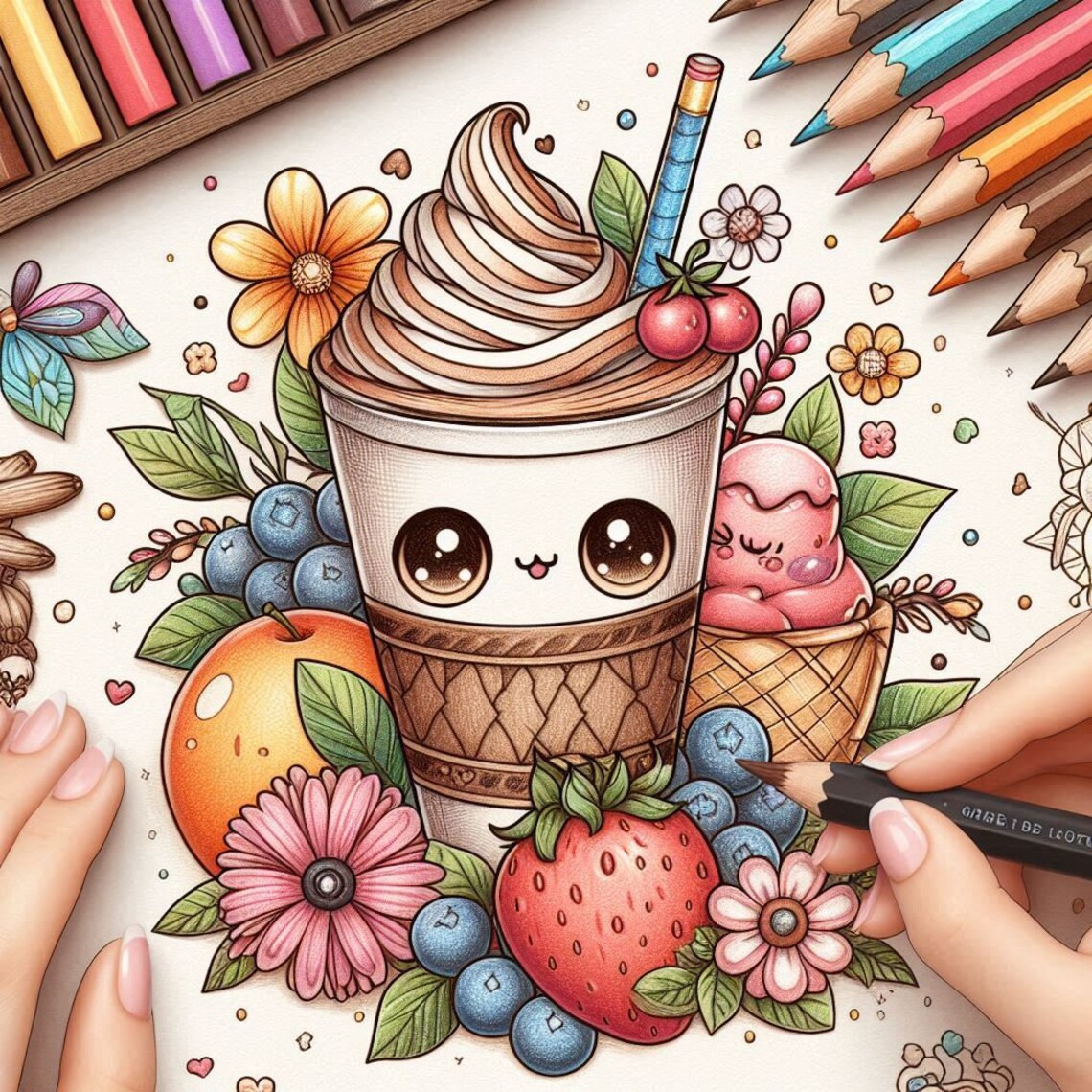 250 Bundle Summer Kawaii Coloring Pages, Modern Kawaii Food Coloring ...