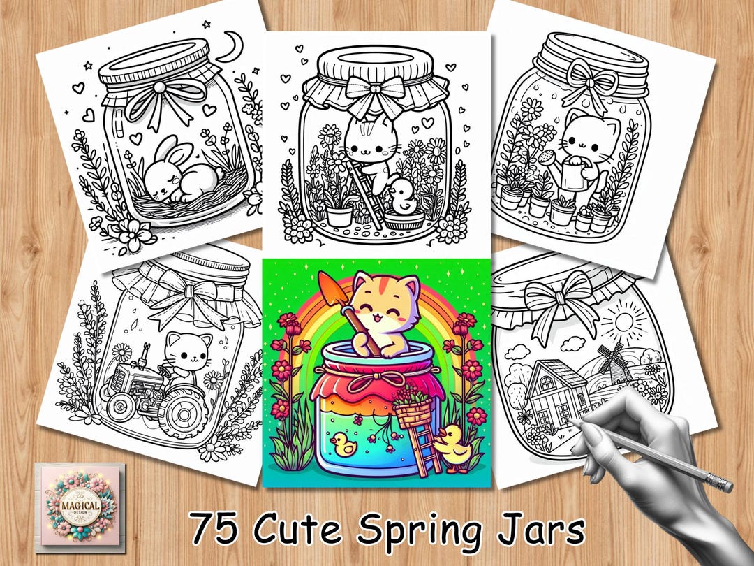 Bold and Easy Coloring Pages, Cute Kawaii Spring Jar Coloring Book ...