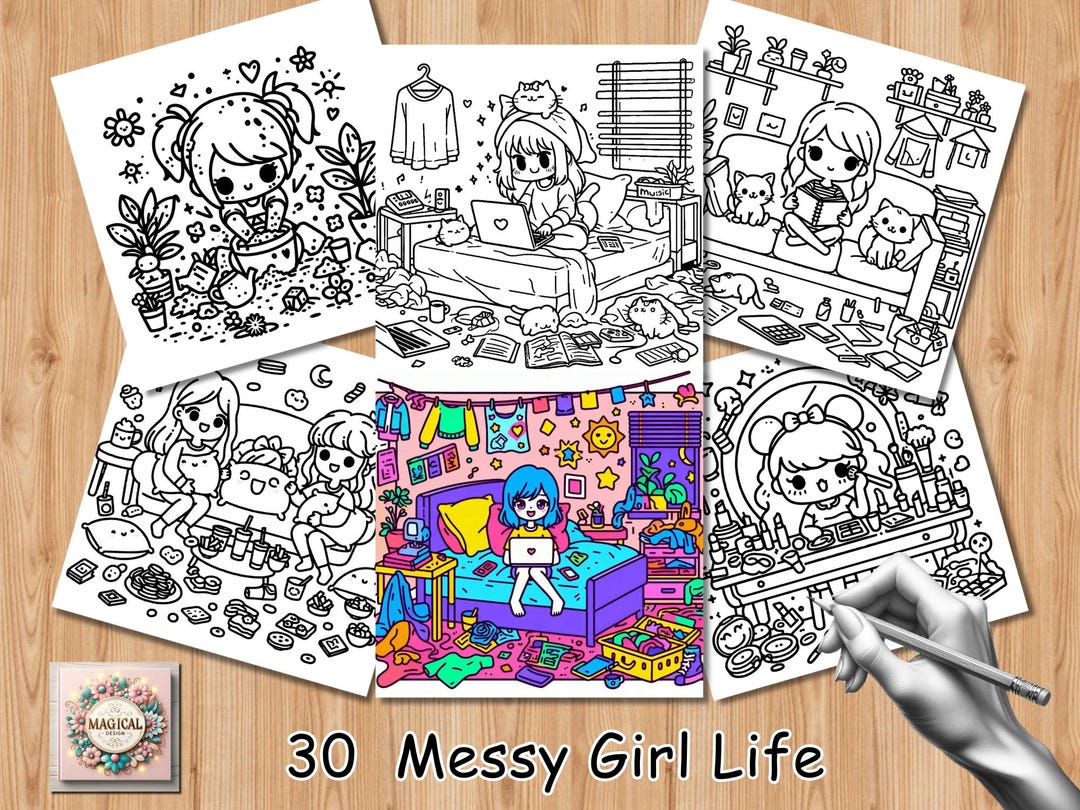 Bold and Easy Coloring Pages, Cute Kawaii Messy Girl Life Coloring Book ...