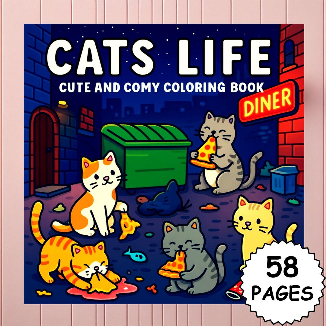 Cats Life Coloring Book for Adults & Kids PDF + PNG | 58 Cute Bold and ...