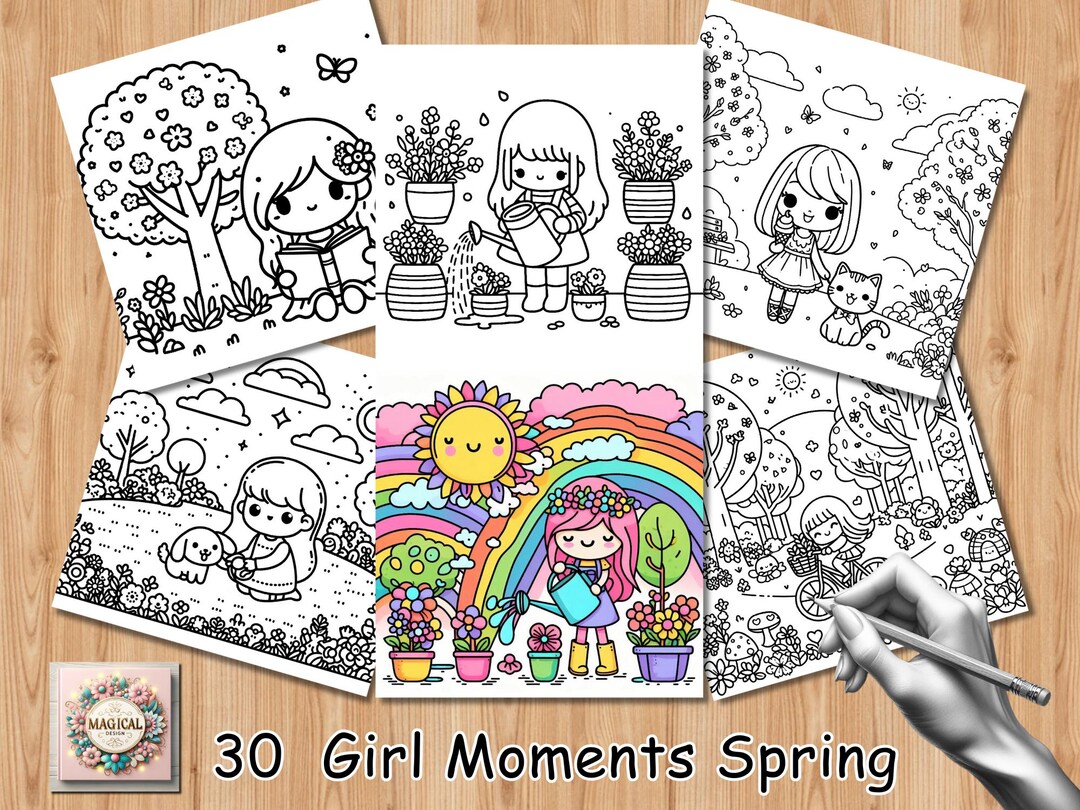 Bold and Easy Coloring Pages, Cute Kawaii Girl Moments Spring Coloring ...