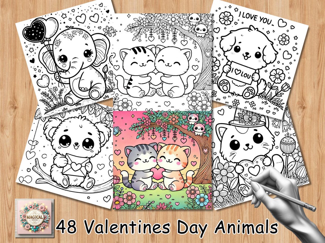 Valentines Day Animal Coloring Book 48 Cute Chibi Animal Pages for Kids ...