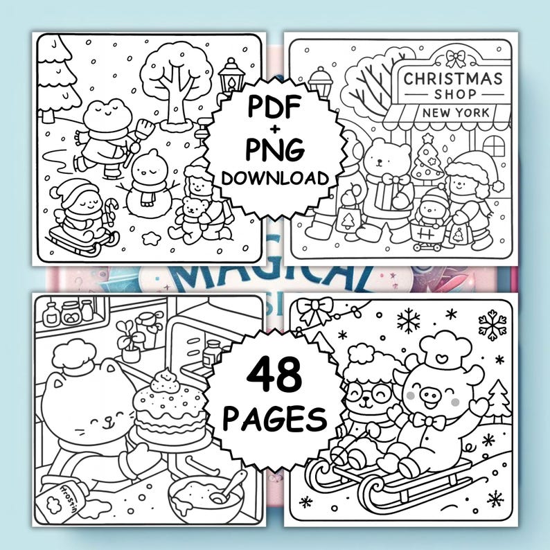 Cozy Christmas Coloring Book PDF & PNG Bold and Easy Cute Holiday Pages ...