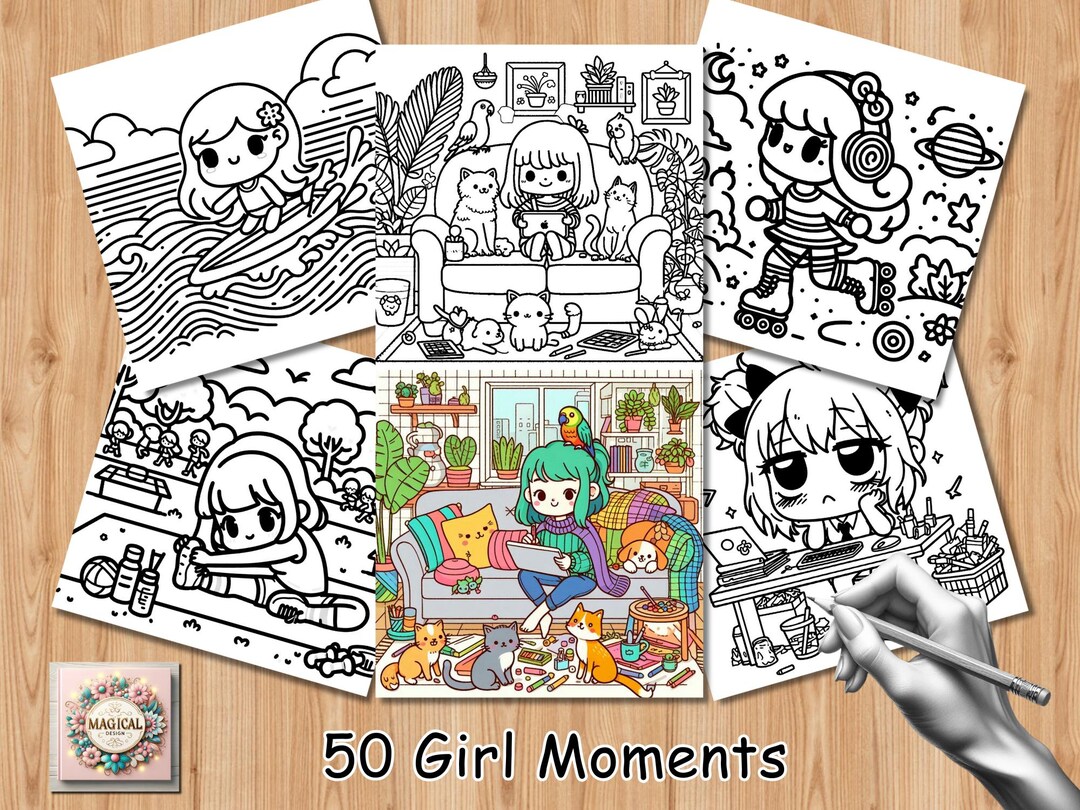 Bold and Easy Coloring Pages, Cute Kawaii Girl Moments Spring Coloring ...
