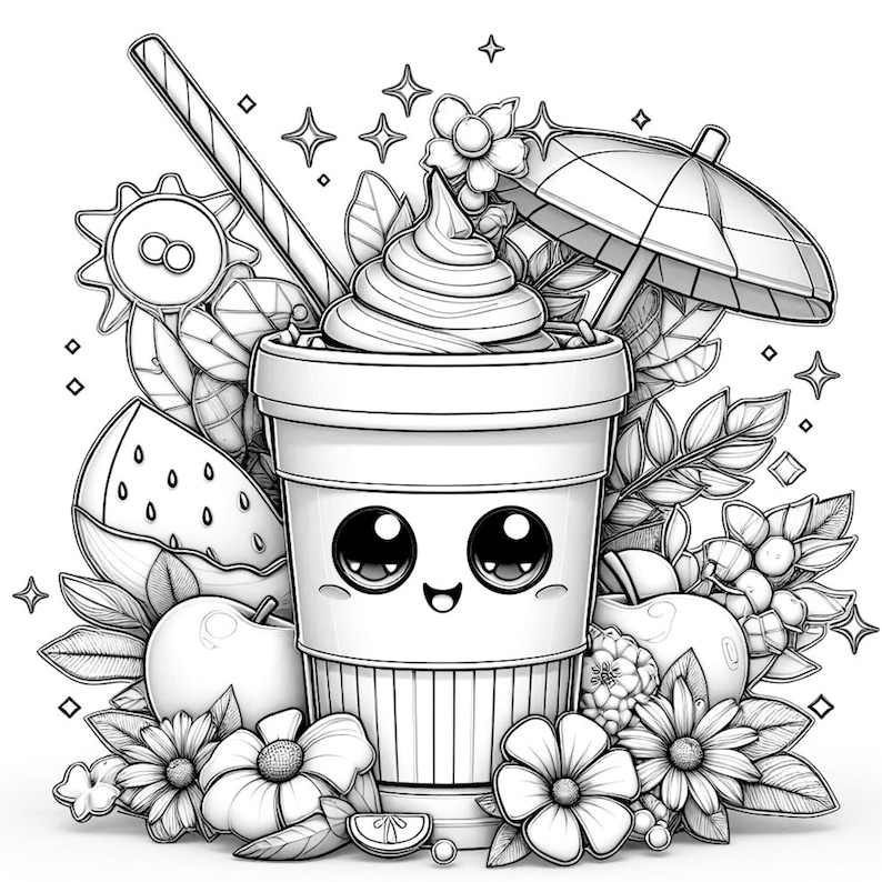 250 Bundle Summer Kawaii Coloring Pages, Modern Kawaii Food Coloring ...