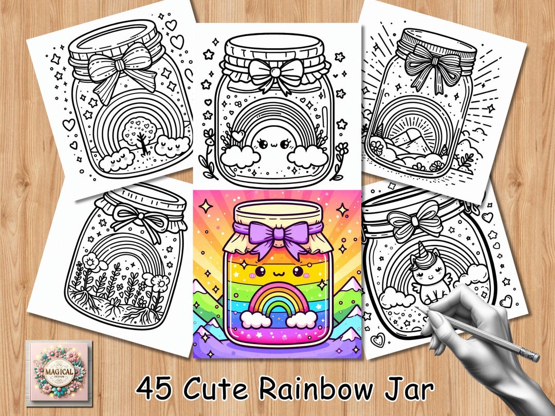 Bold and Easy Coloring Pages, Cute Kawaii Rainbow Jar Coloring Book ...