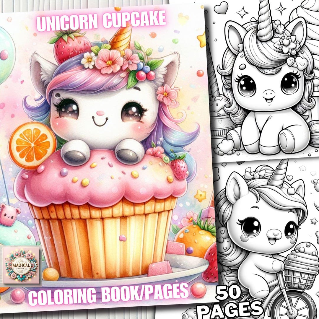 50 Unicorn Cupcake Coloring Pages, Cupcake Coloring Book, Kawaii ...