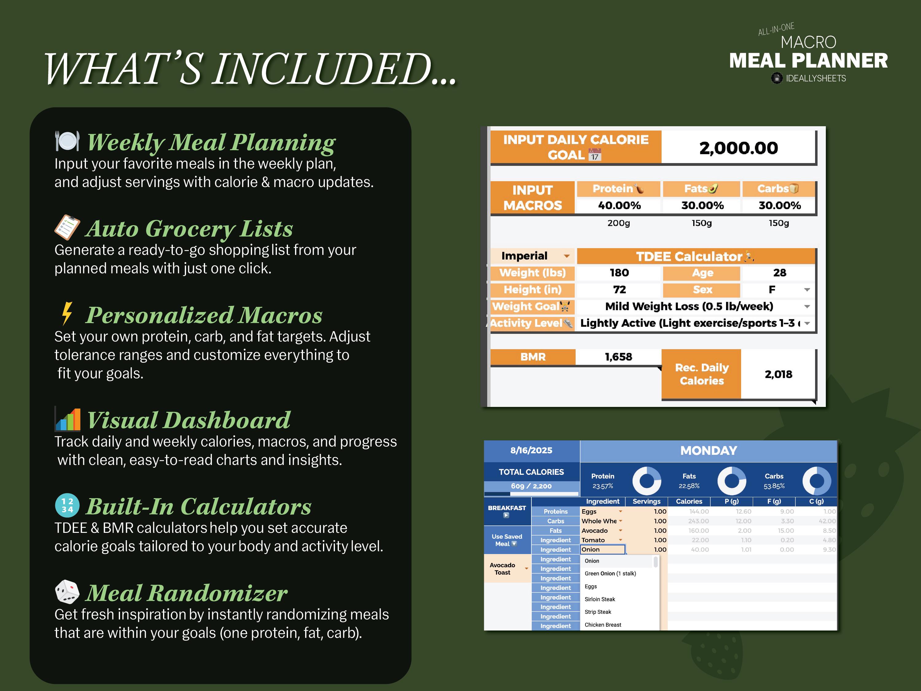 Macro Meal Planner Tracker With Calorie Calculator and Grocery List ...