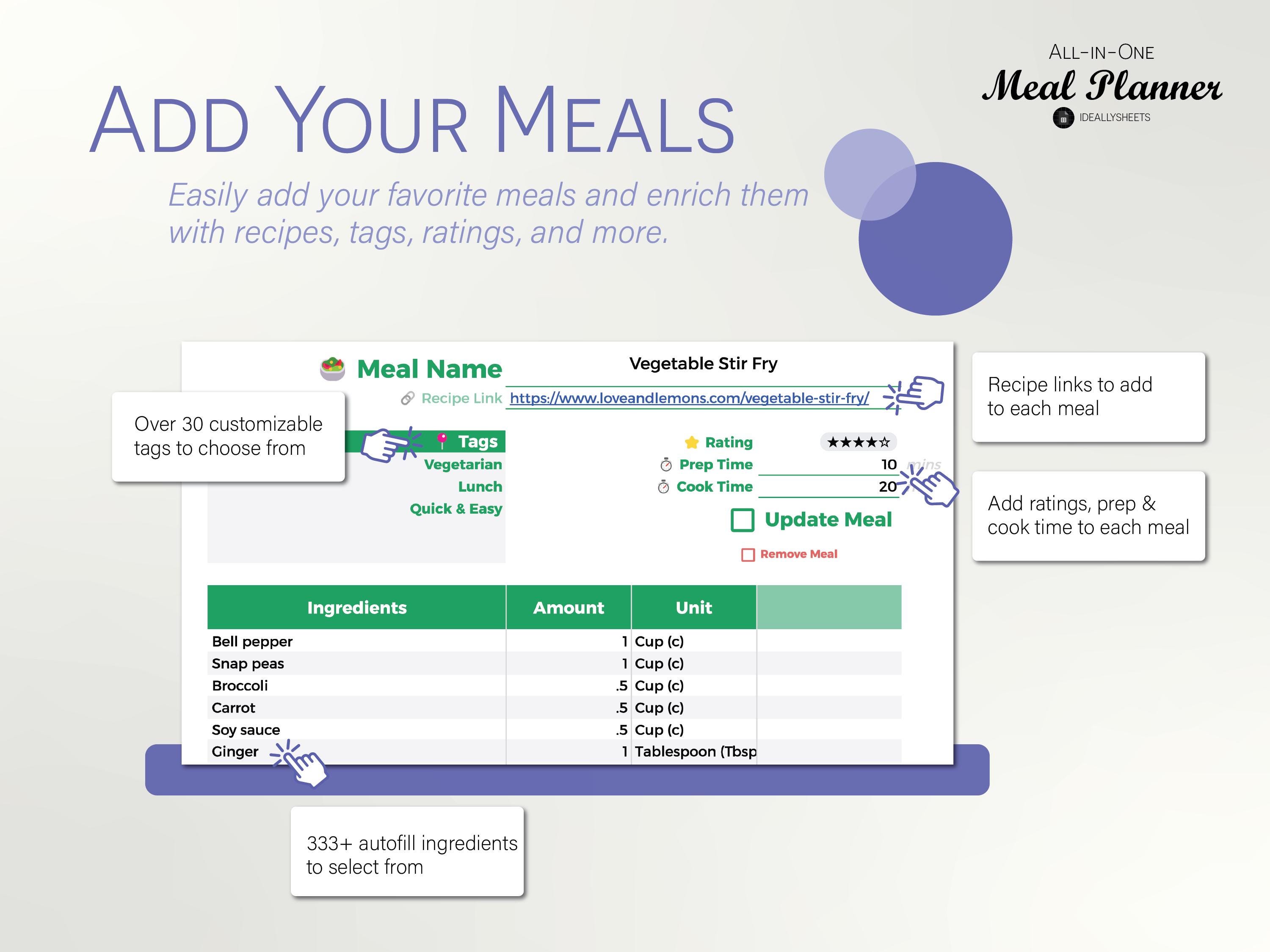 Weekly All-in-one Automatic Meal Planner Template Spreadsheet for ...