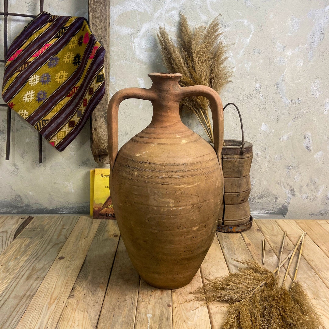 Antique Turkish Clay Vase Vintage Glazed Terracotta Pottery, Elegant ...