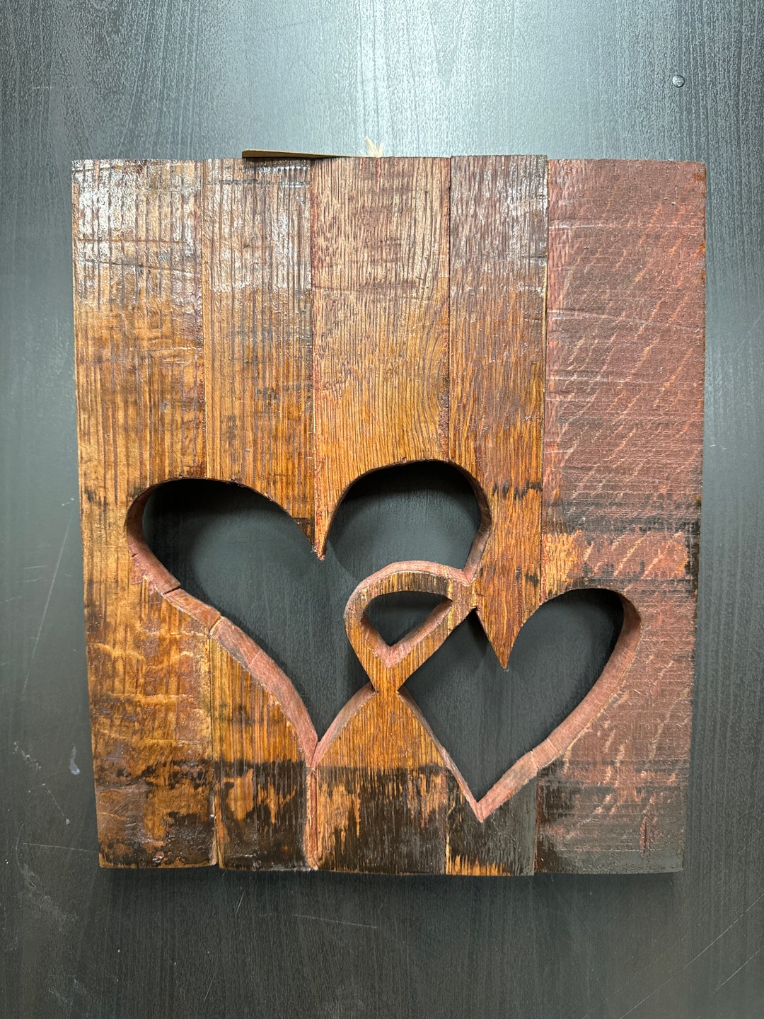 Two Hearts Barrel Stave Wall Mounted Art Hanging. Handmade With Oak ...