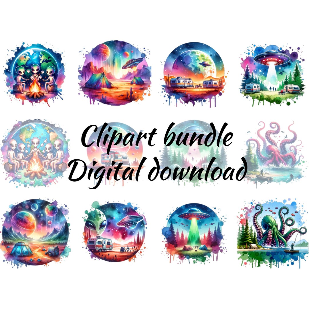 Clip Art Aliens Camping Futuristic Swamp Monster Spaceship Fishing a ...