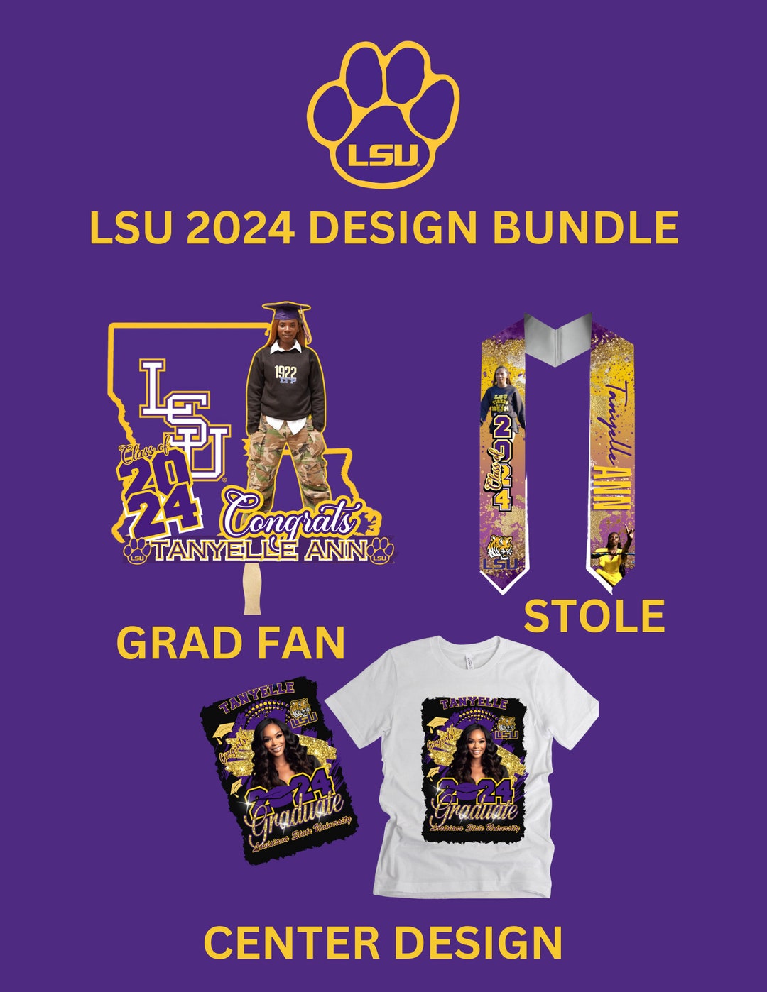 Tres paquetes de diseños de graduación LSU editables 2024. Diseño de ...