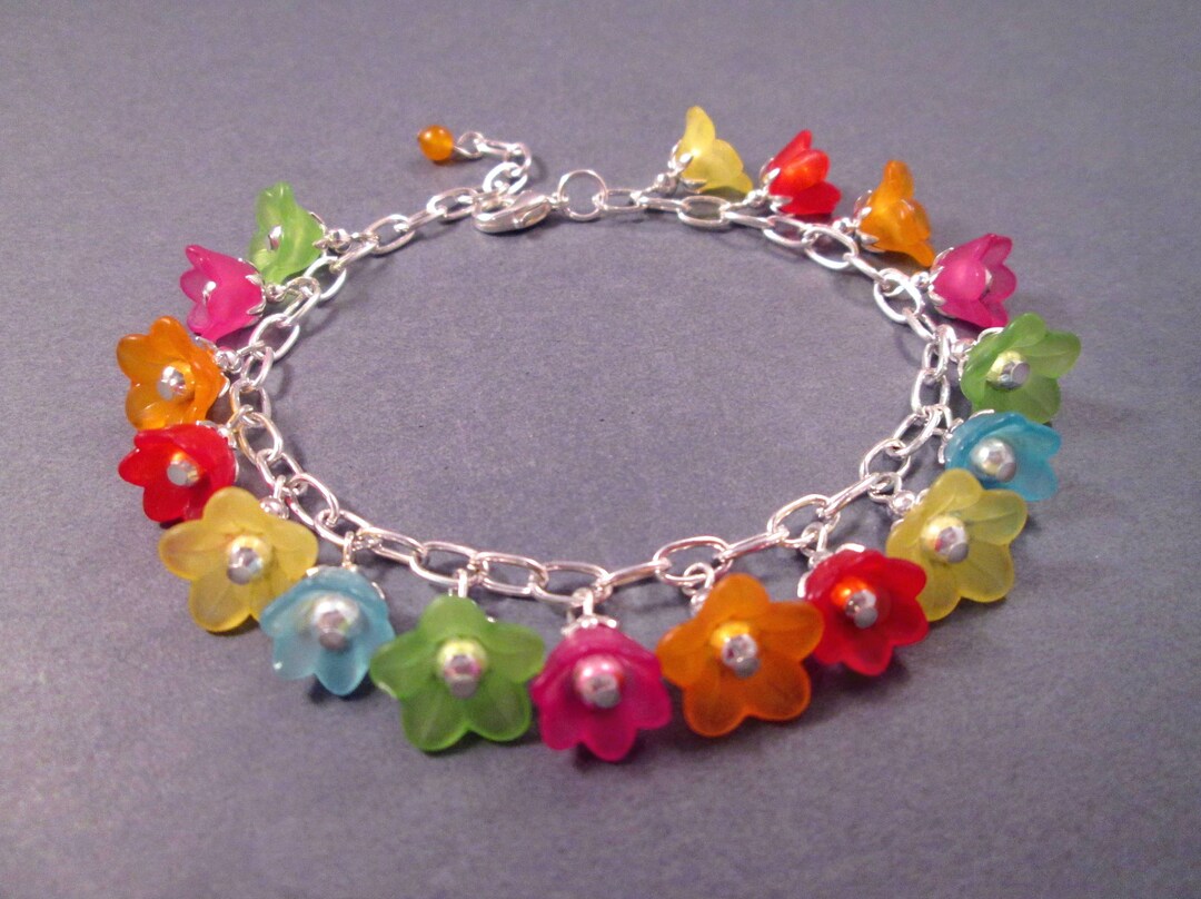 Flower Charm Bracelet, Tulips and Morning Glories, Colorful and Silver ...
