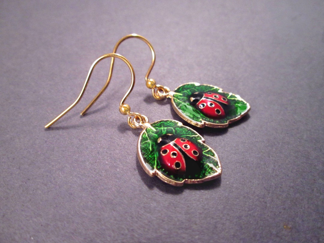 Ladybug and Leaf Earrings, Enamel Lacquer Earrings, Red Black Ladybug ...