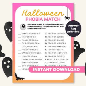 Printable Halloween Phobia Match Game With Answers | Halloween Activity ...