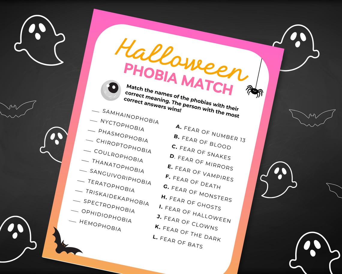 Printable Halloween Phobia Match Game With Answers | Halloween Activity ...