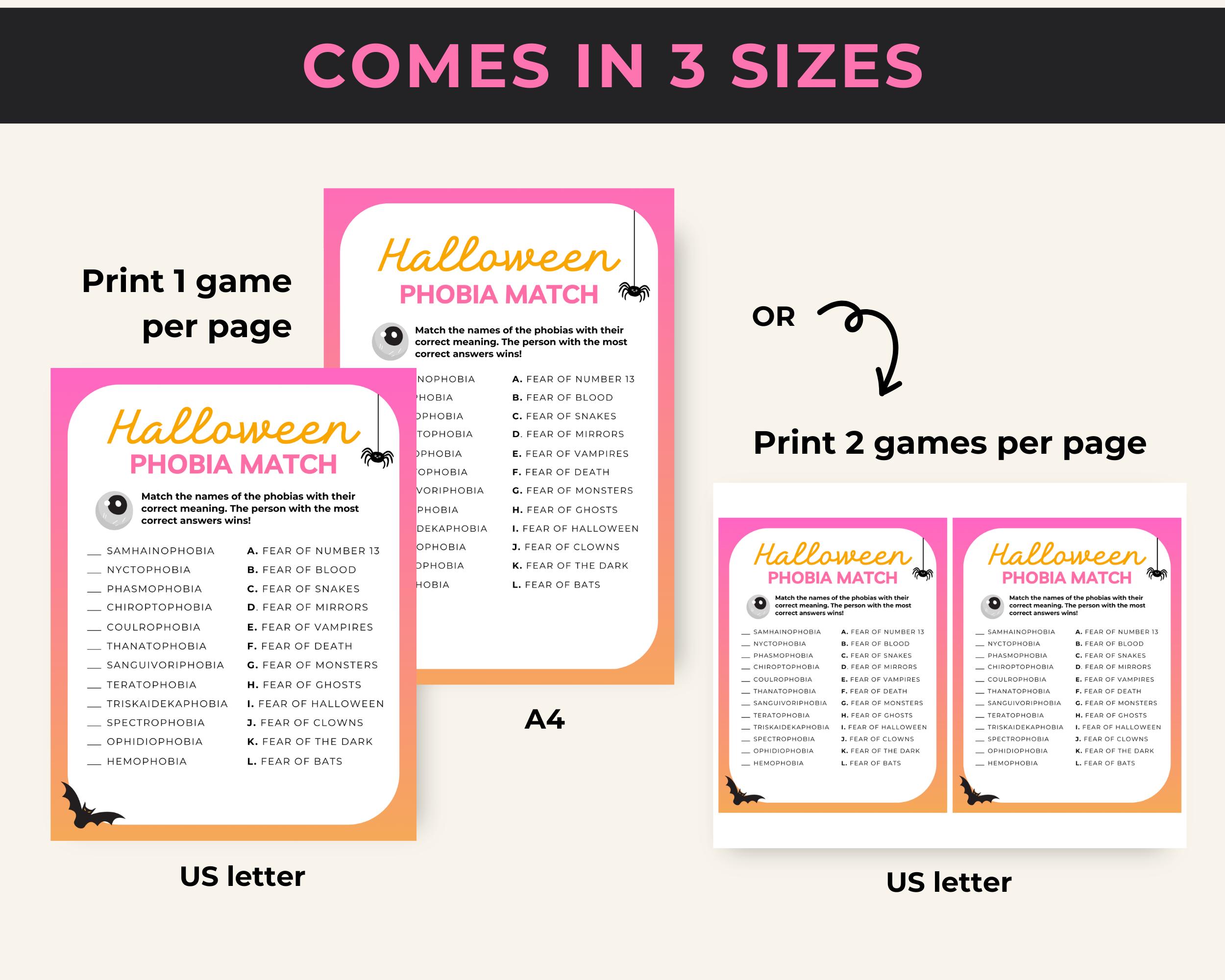 Printable Halloween Phobia Match Game With Answers | Halloween Activity ...