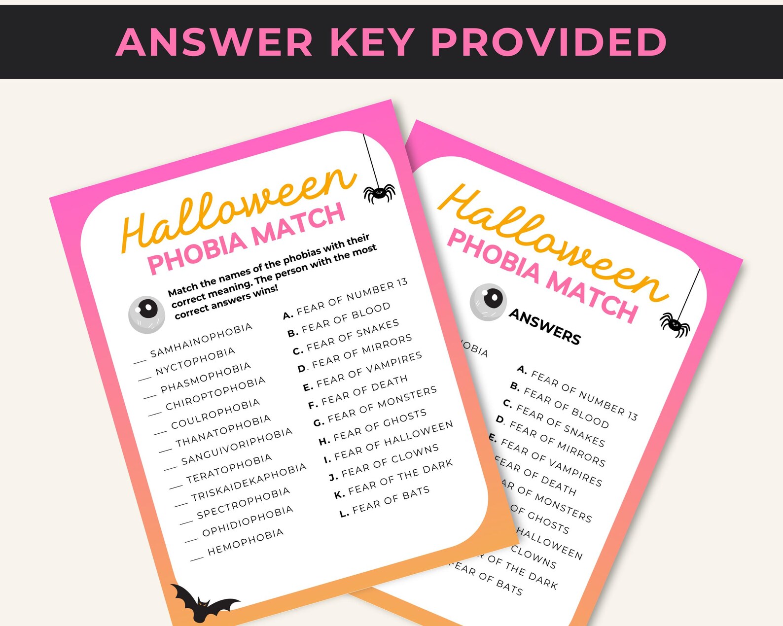 Printable Halloween Phobia Match Game With Answers | Halloween Activity ...