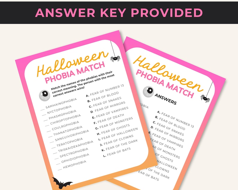 Printable Halloween Phobia Match Game With Answers | Halloween Activity ...