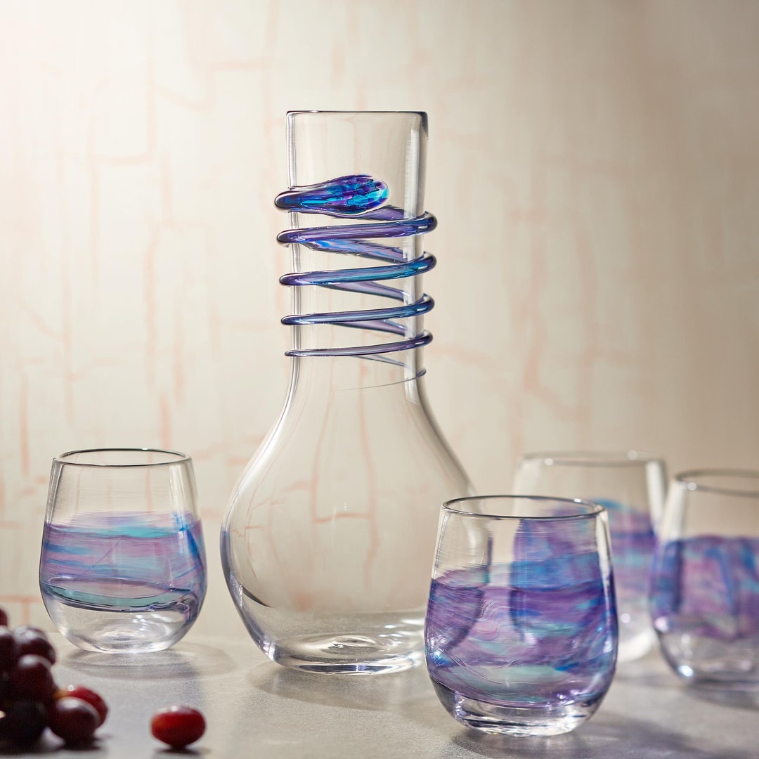 Wine Glass Set. Hand Blown Stemless Wine Cocktail Glasses and Decanter ...