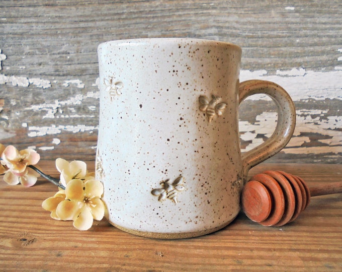 Tiny Bees Mug Handmade Pottery Bee Mug White Bee Mug Tea Cup Stoneware ...