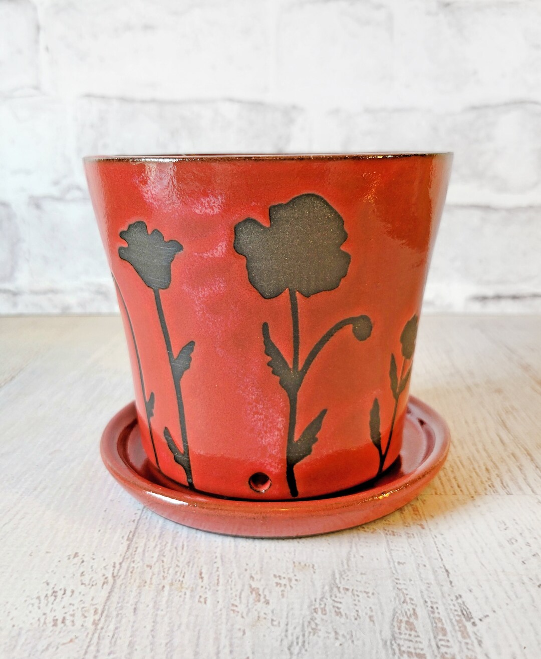 Poppy Planter in Red W/ Matching Drain Plate Succulent - Etsy