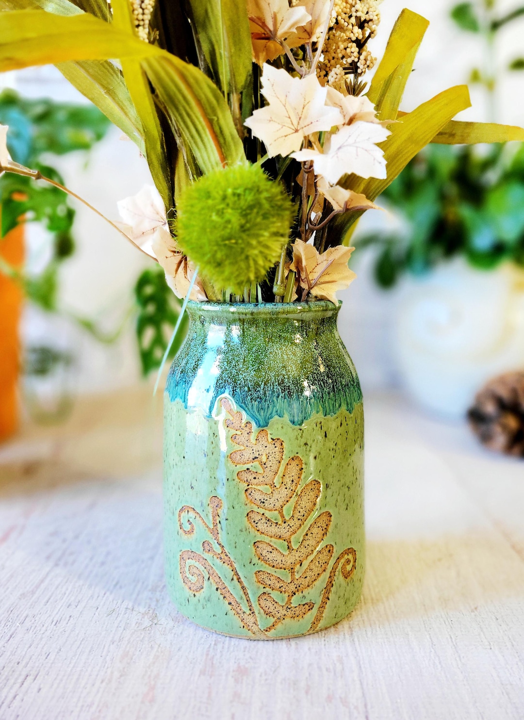 Green Vase With Forest Ferns - Milk Bottle Style Flower Vase - 9th ...