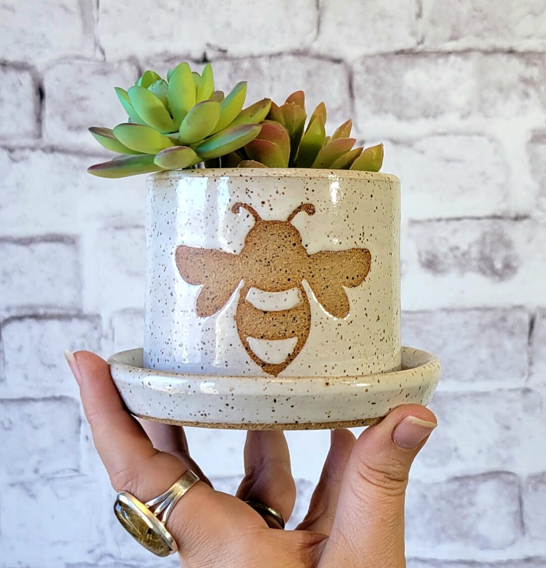 Mini Pottery Bee Planter With Drain Plate - Big Honeybee- Succulent ...