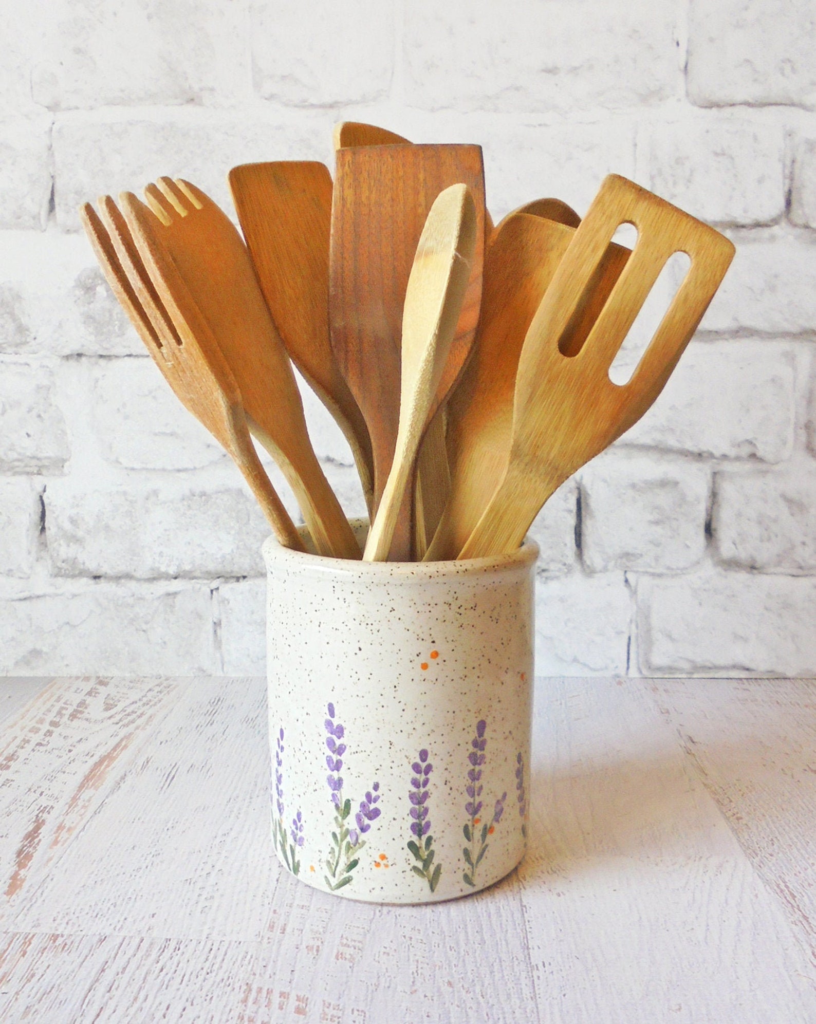 Utensil Holder Lavender Floral Wooden Spoon Holder | Etsy
