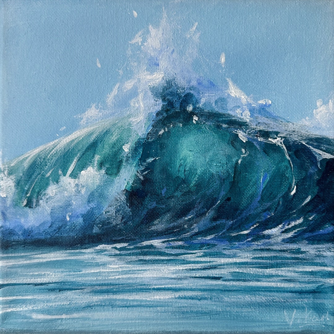 Realistic Ocean Wave Small Painting 8x8', Blue Scenic Nature Acrylic ...