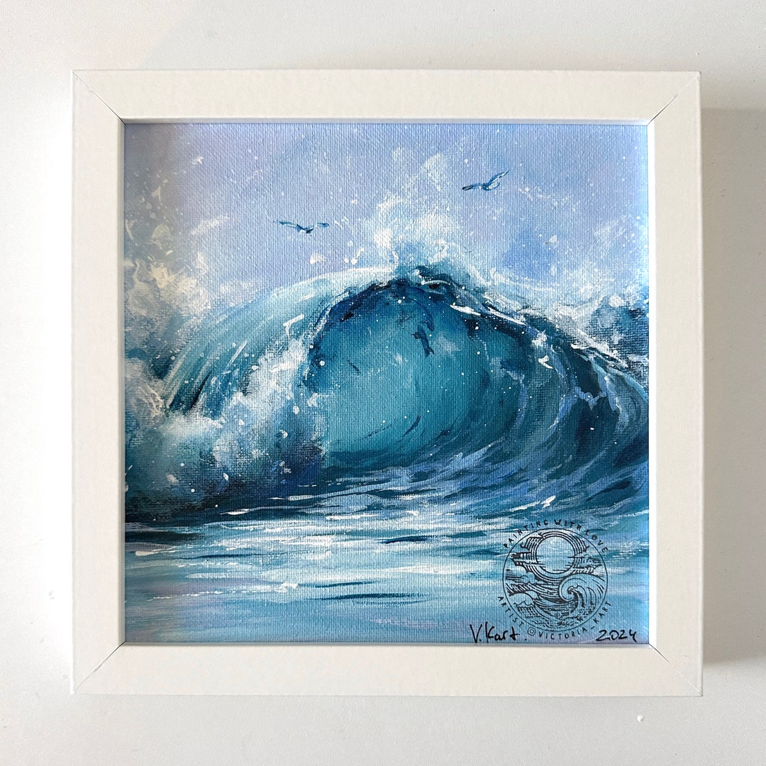 Small Original Wave Painting With Stamp, Green Ocean Wave Nature ...