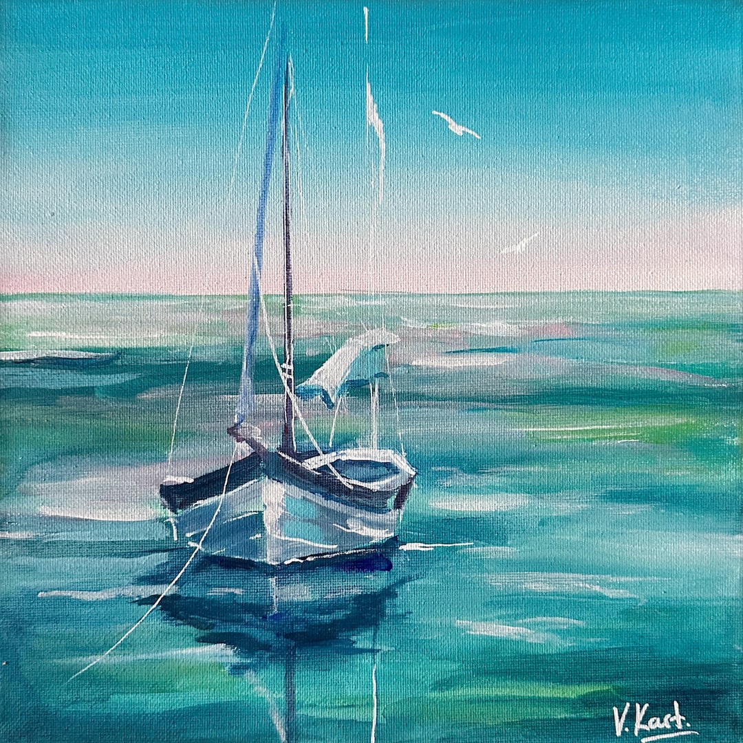 Original Realistic Boat at Sunset Acrylic Painting, Green Seascape With ...