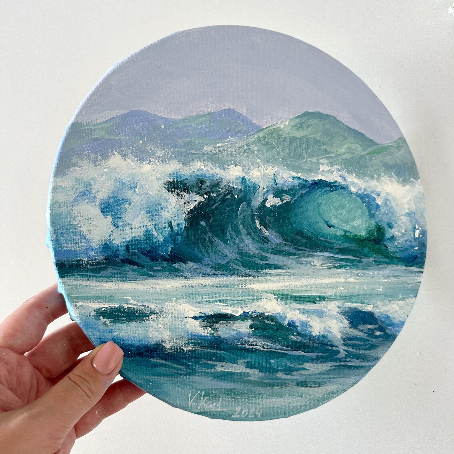 Original Realistic Scenic Blue Wave Painting on Light Blue Background ...