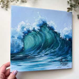 Original Green Wave on Blue Backgraund, Seascape Nature Art, Realistic ...