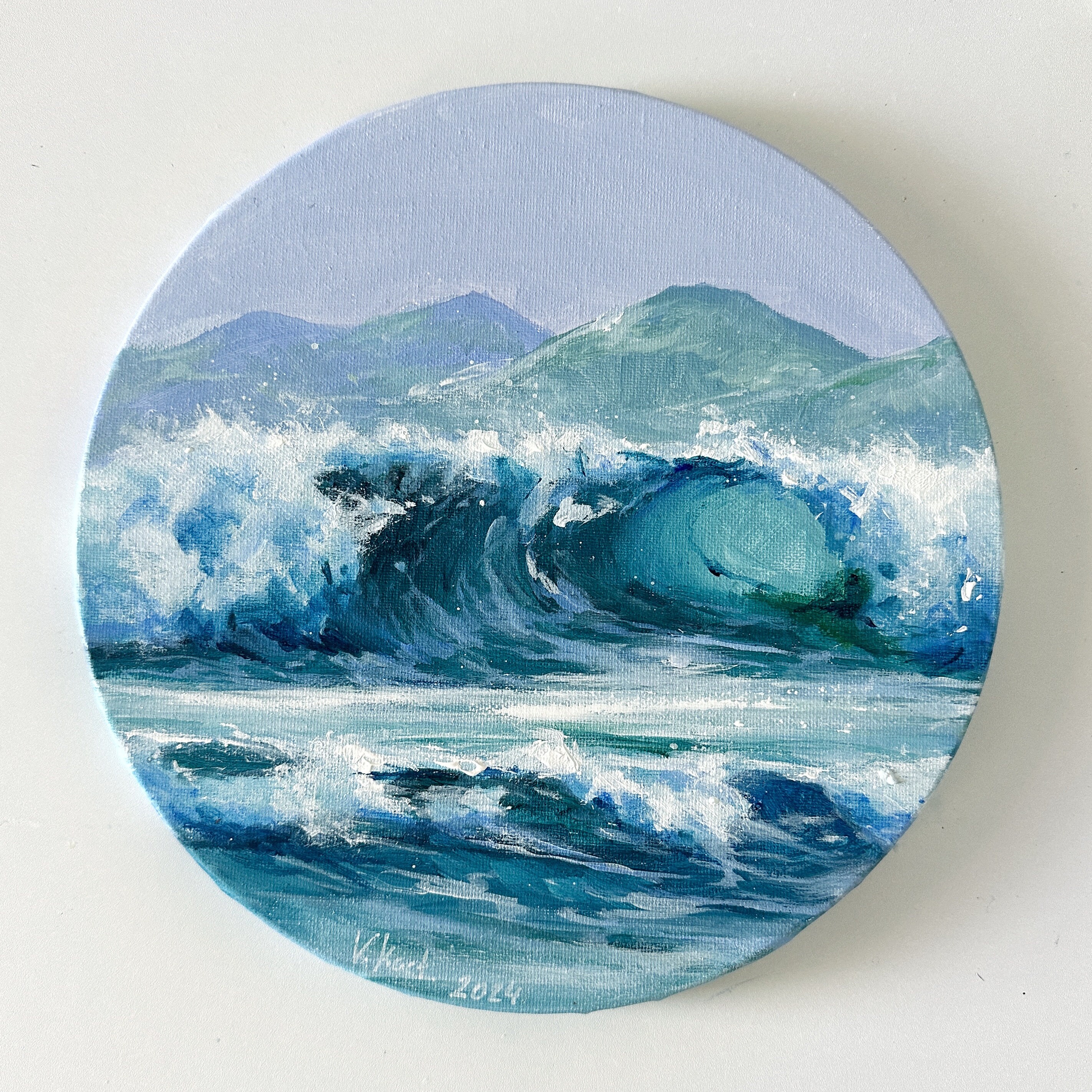 Original Realistic Scenic Blue Wave Painting on Light Blue Background ...