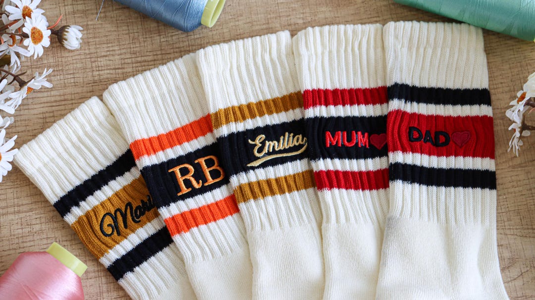 Embroidered Striped Socks, Personalized Cotton Socks, Custom Text - Etsy