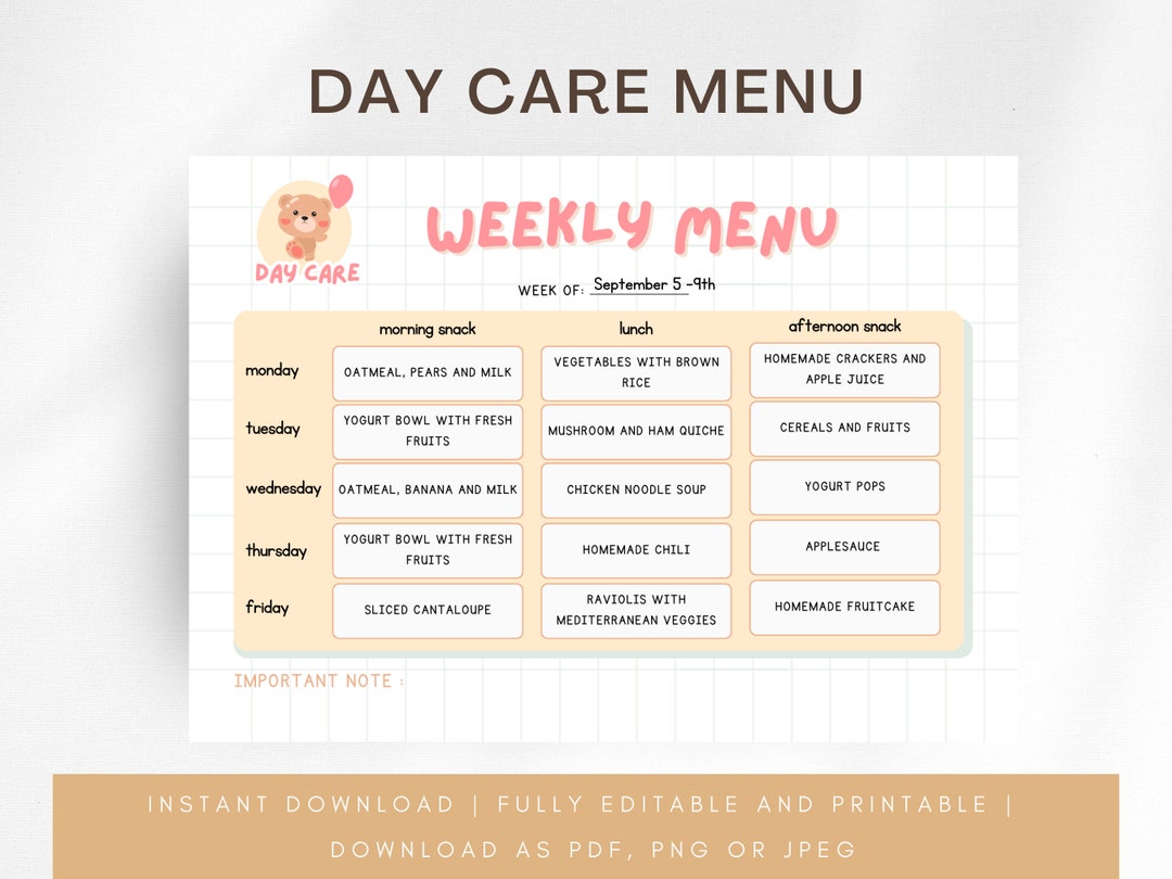 Editable Daycare Menu Template, Weekly Daycare Food Menu, Childcare ...