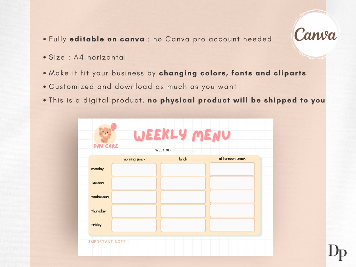 Editable Daycare Menu Template, Weekly Daycare Food Menu, Childcare ...