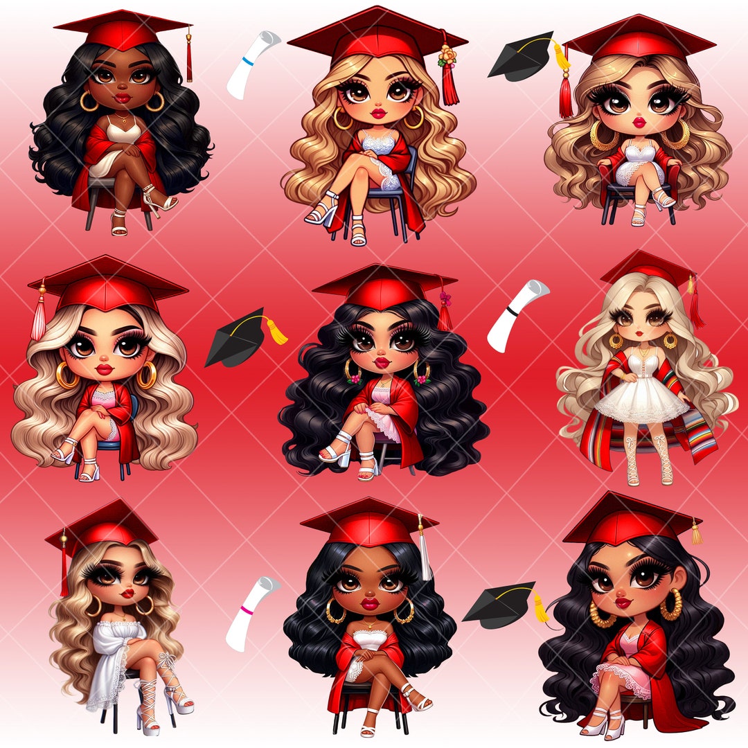 9 ~cute Red Cap Graduate Chibi Girls • Png Files for Sublimation on T ...