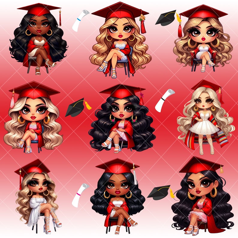 9 cute Red Cap Graduate Chibi Girls Png Files for Sublimation on T ...