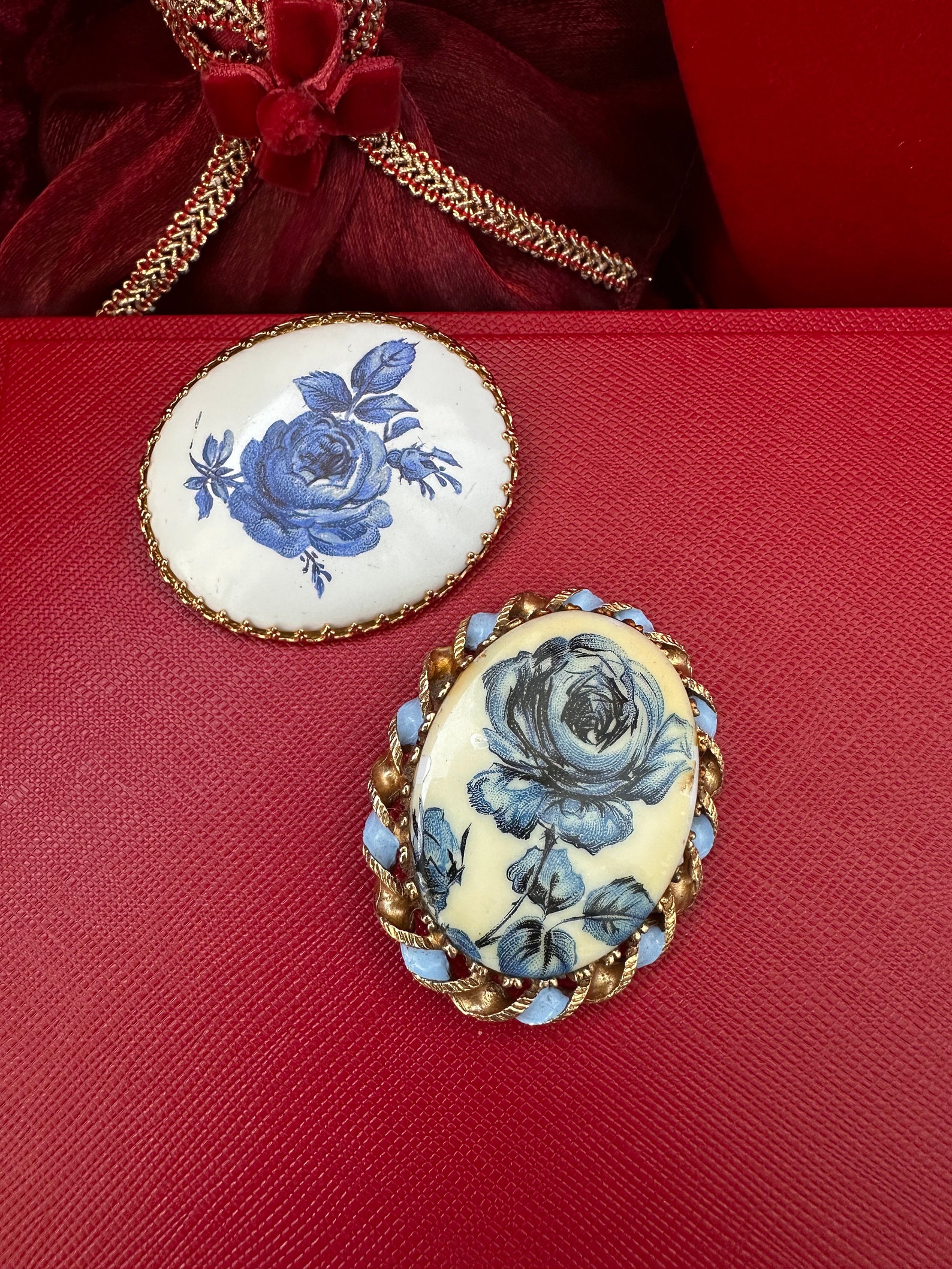 Vintage MCM Porcelain Brooch Pin Blue Rose Hand Painted Gold Tone - Etsy