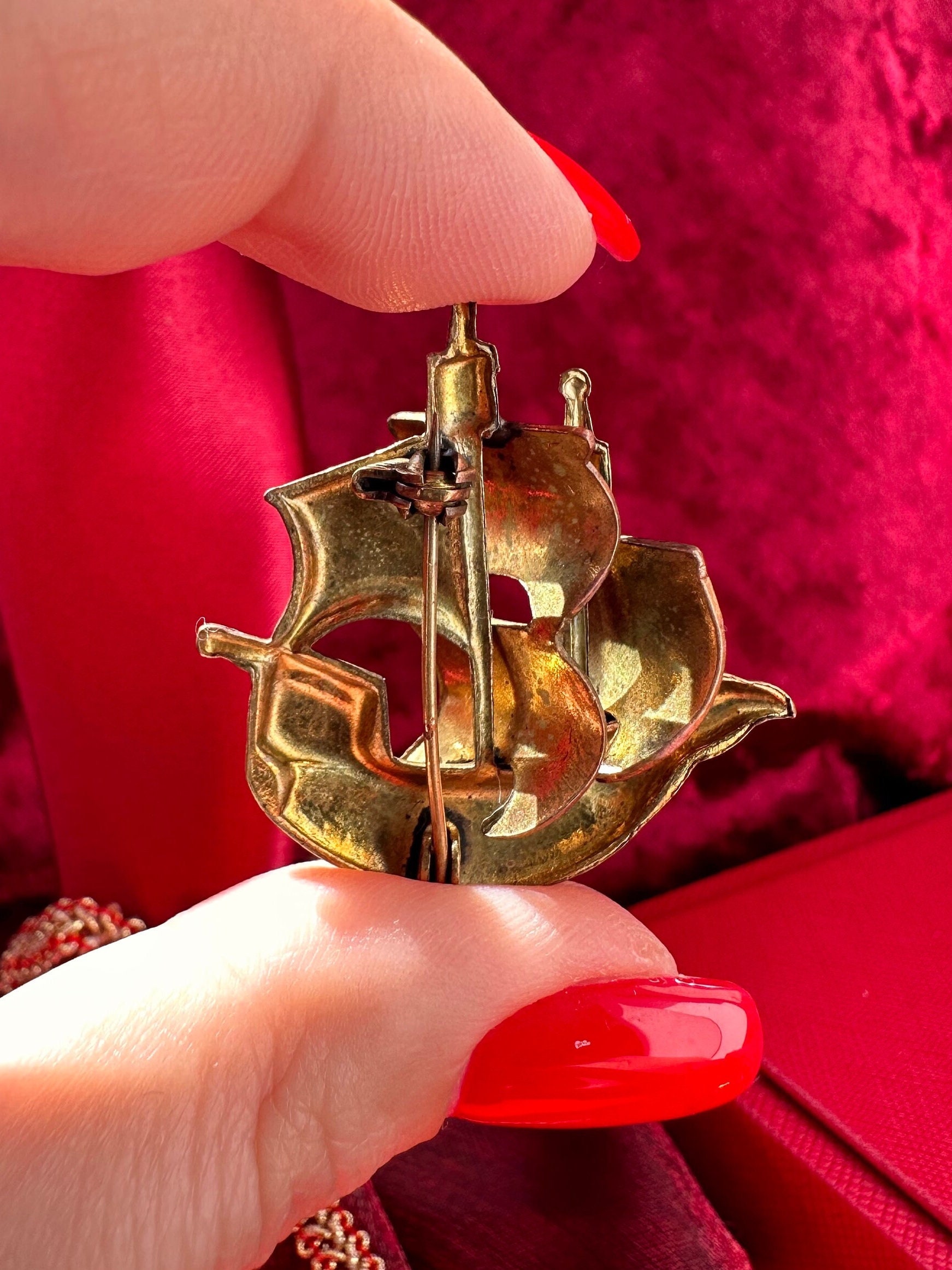 Vintage Damascene Toledo Galleon Ship Brooch, Spanish Damascene ...