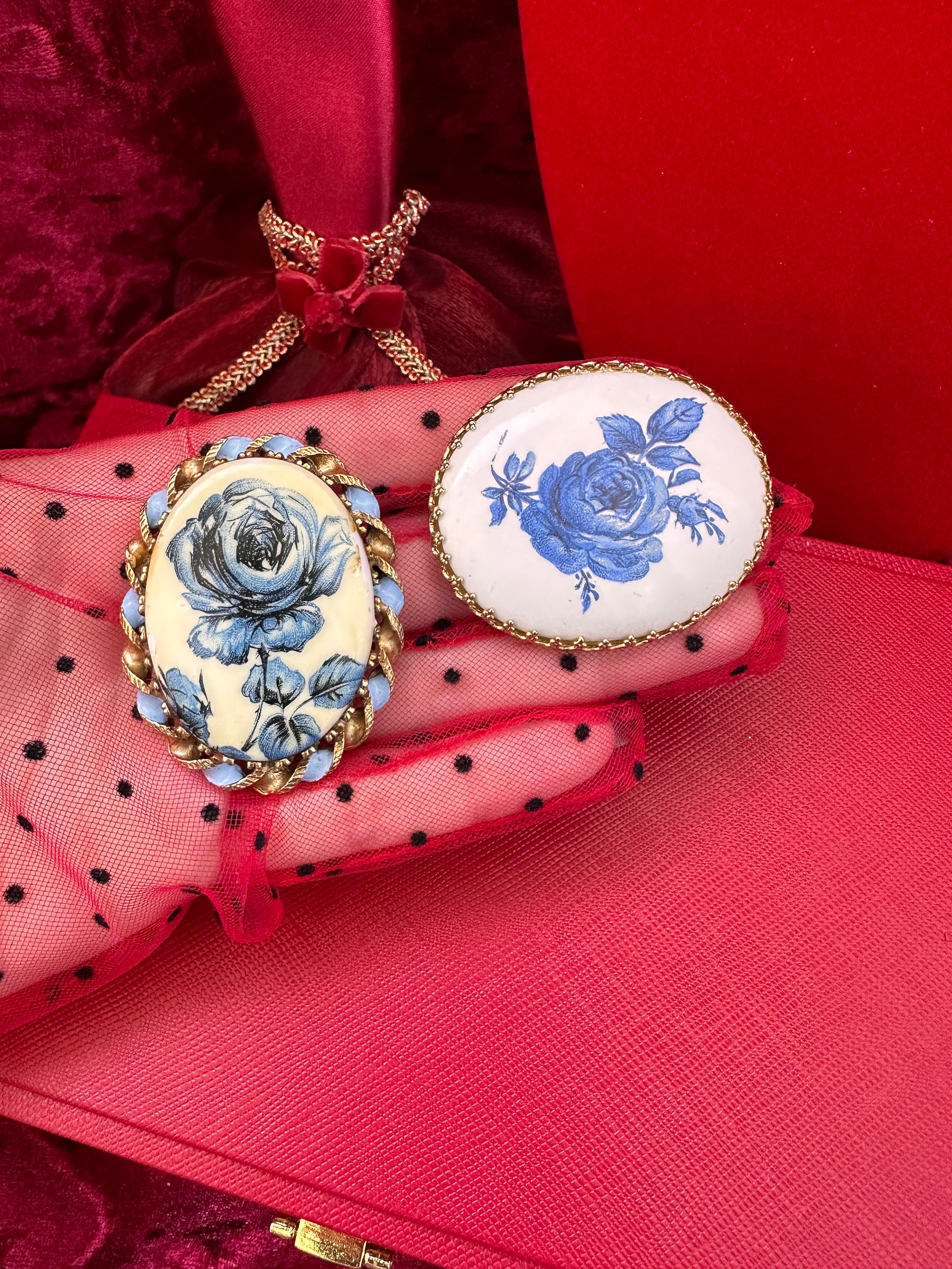 Vintage MCM Porcelain Brooch Pin Blue Rose Hand Painted Gold Tone - Etsy