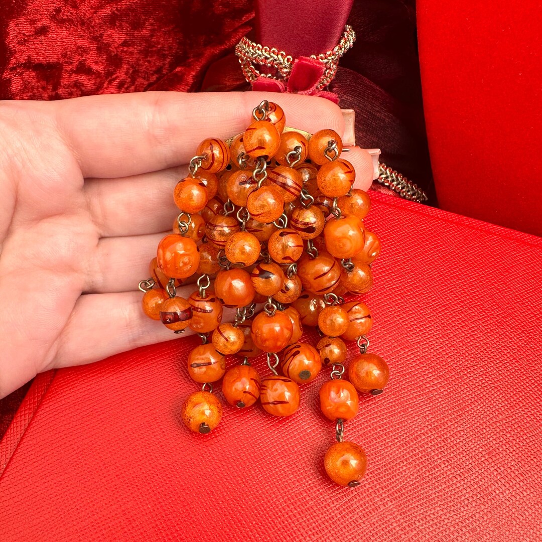Vintage Waterfall Cha Cha Brooch Amber Heartiness Tone Beads, Statement ...