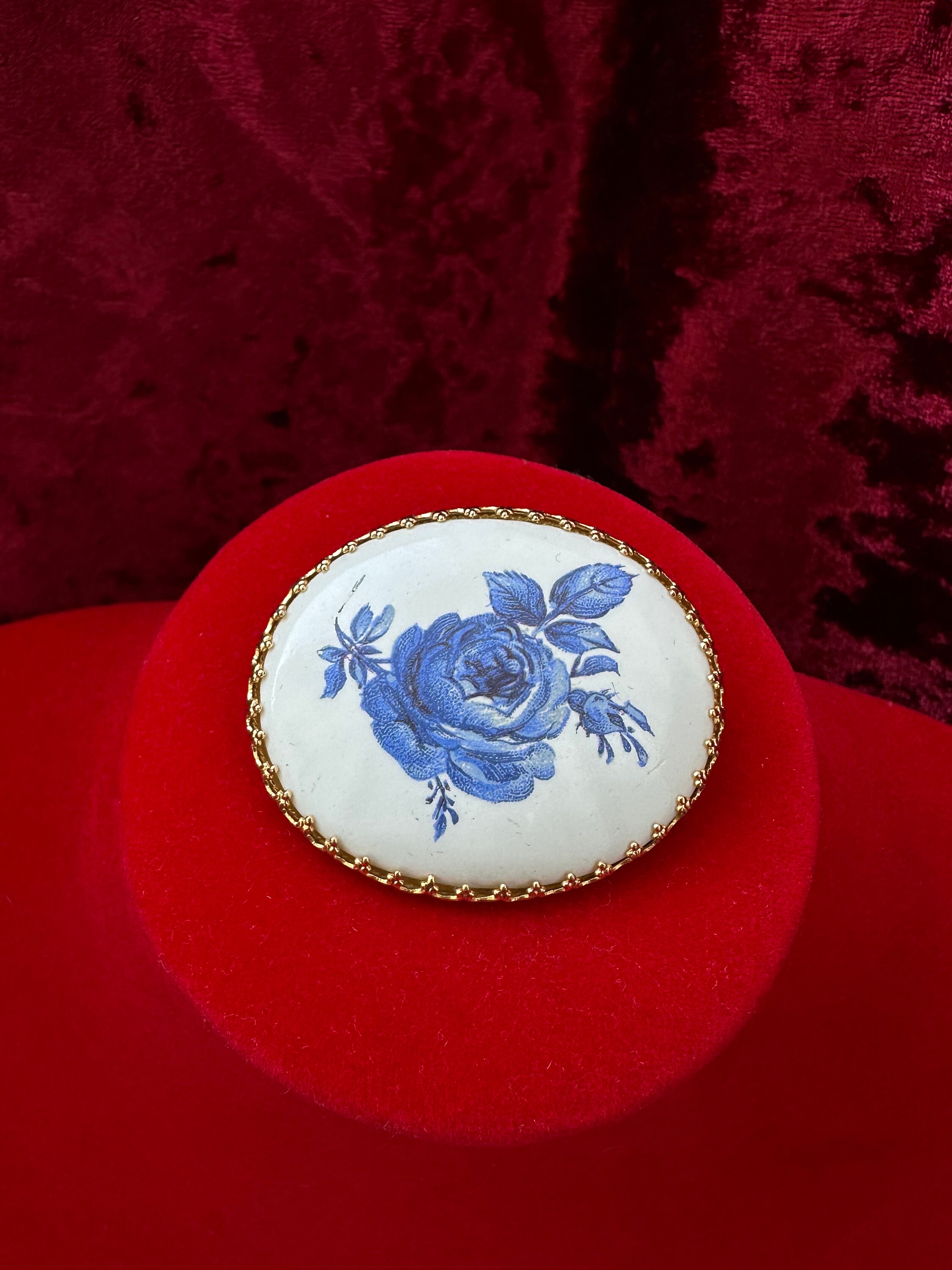 Vintage MCM Porcelain Brooch Pin Blue Rose Hand Painted Gold Tone - Etsy