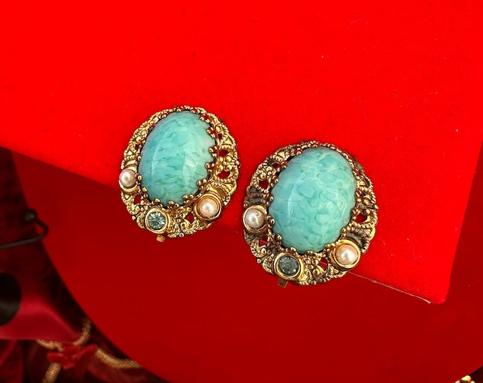 Vintage West Germany Filigree Clip on Earrings Statement Turquoise Peking Glass - Etsy