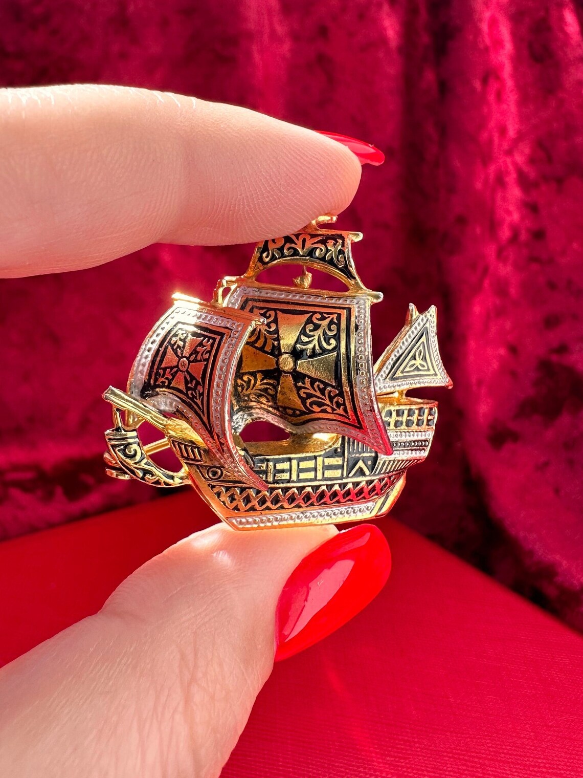 Vintage Damascene Toledo Galleon Ship Brooch, Spanish Damascene ...