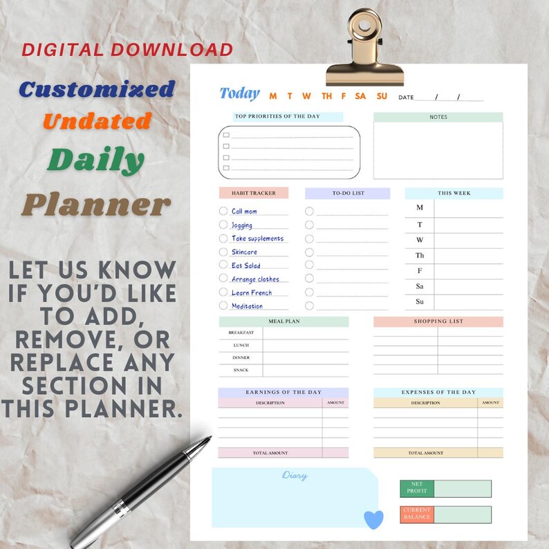 Undated Daily Planner Printable A4 – Custom Habit Tracker – PDF Digital ...