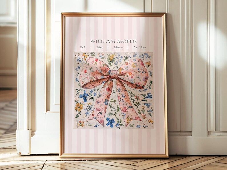 Cute Bow Print With Flowers, English Floral Poster, Pastel Pink Striped ...